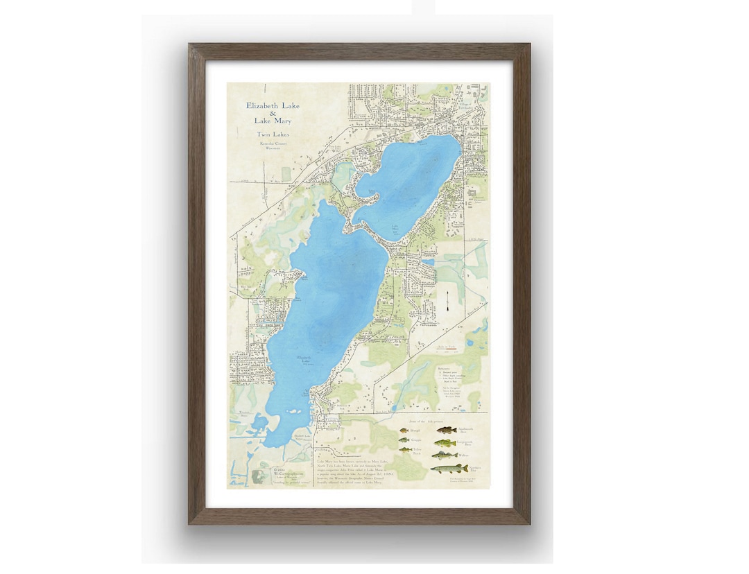 Lake Mary & Elizabeth Map. Beautiful, Detailed Wall Art Showing Lake ...