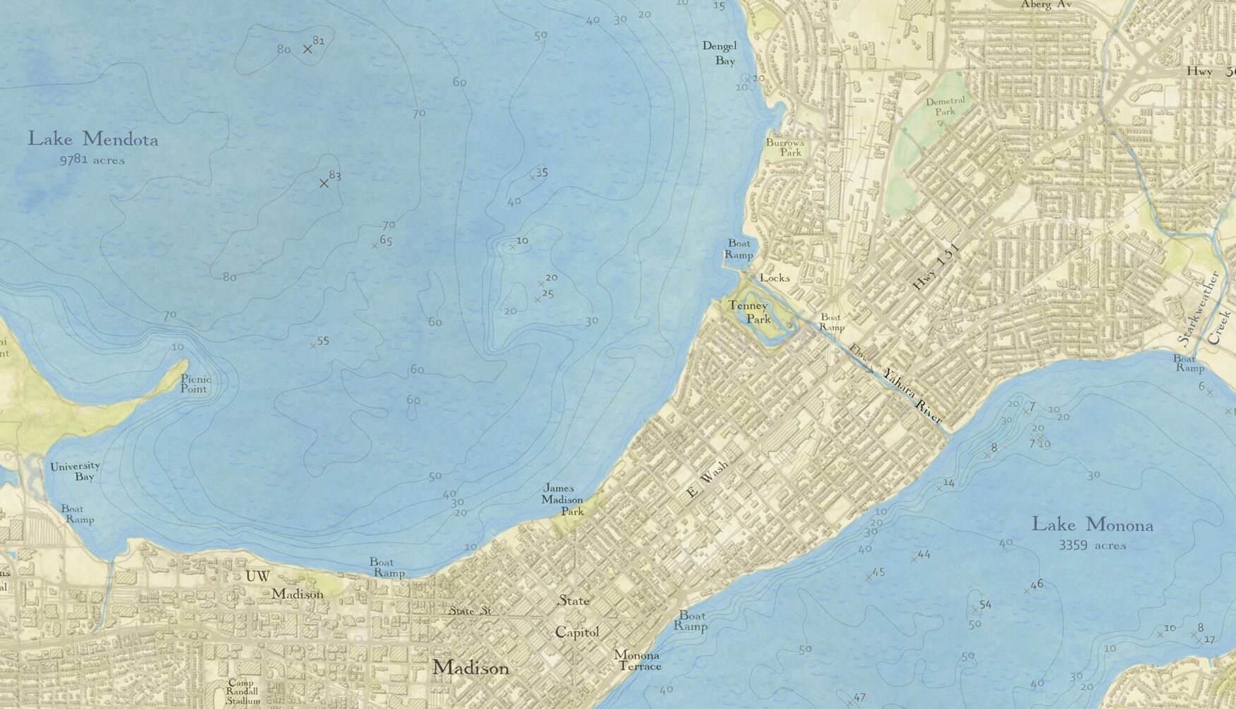 Lake Mendota, Monona, Wingra Map. Beautiful Wall Art With Detailed Lake ...