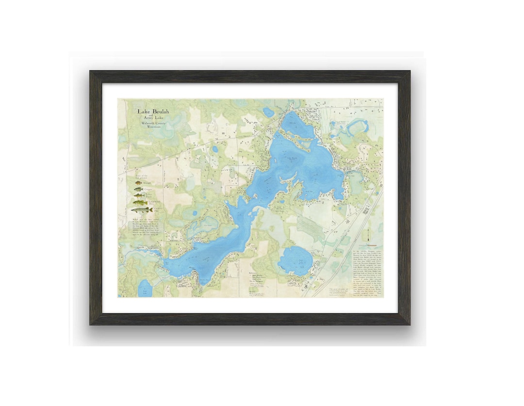 Lake Beulah Wisconsin Map. Beautiful, Detailed Wall Art Showing Depth ...