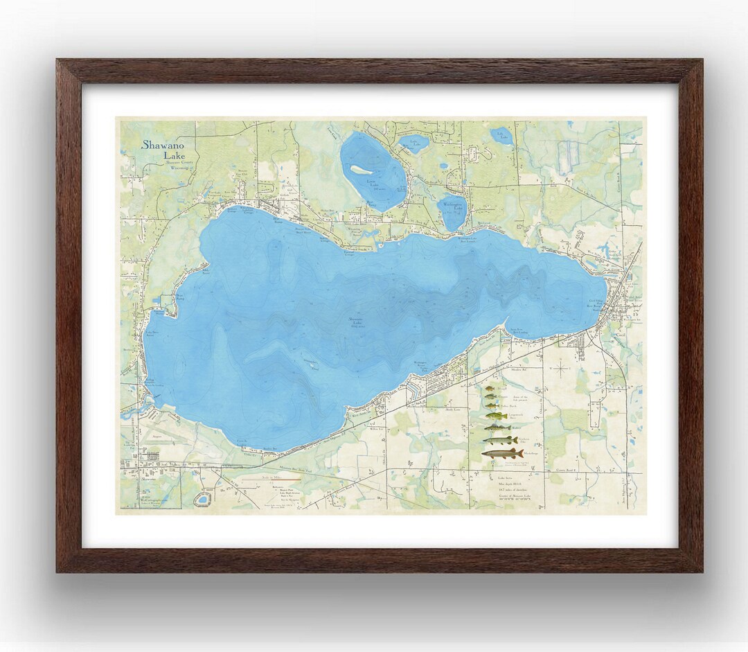Shawano Lake WI Map. Beautiful and Detailed Wall Art Showing Depth ...