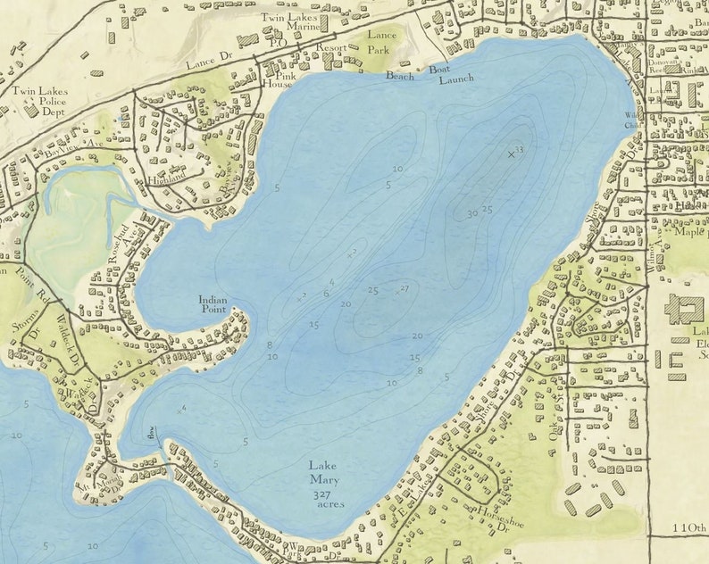 Lake Mary & Elizabeth Map Art: Wisconsin Watercolor Lake Depth Chart - Etsy