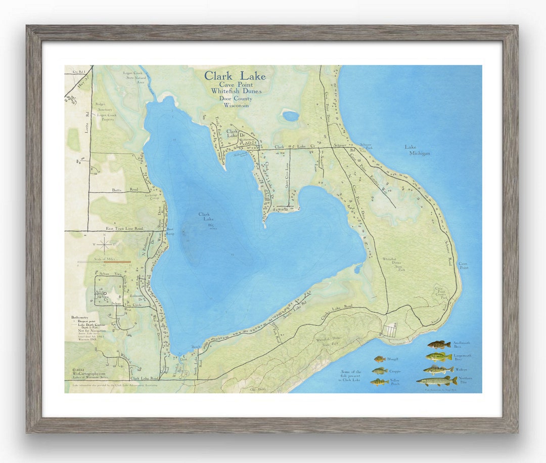 Clark Lake WI Map. Beautiful & Detailed Wall Art W/ Lake Depth, Fish ...