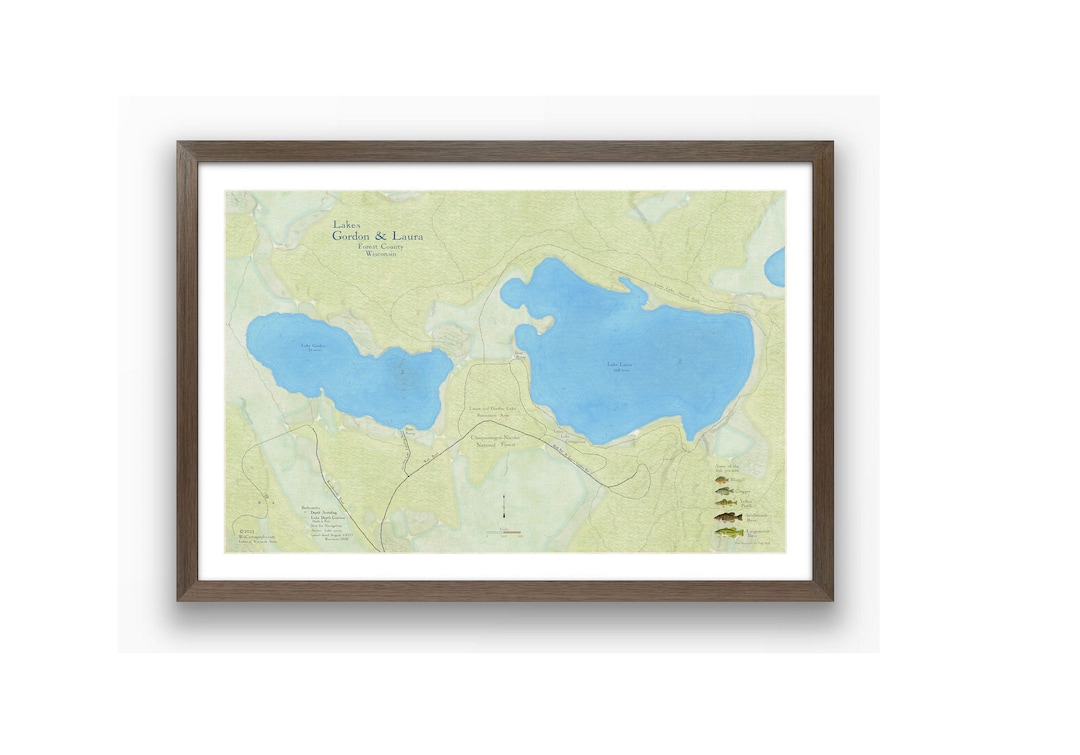 Lake Gordon & Laura Vintage Style Map Art: Wisconsin Cottage Decor - Etsy