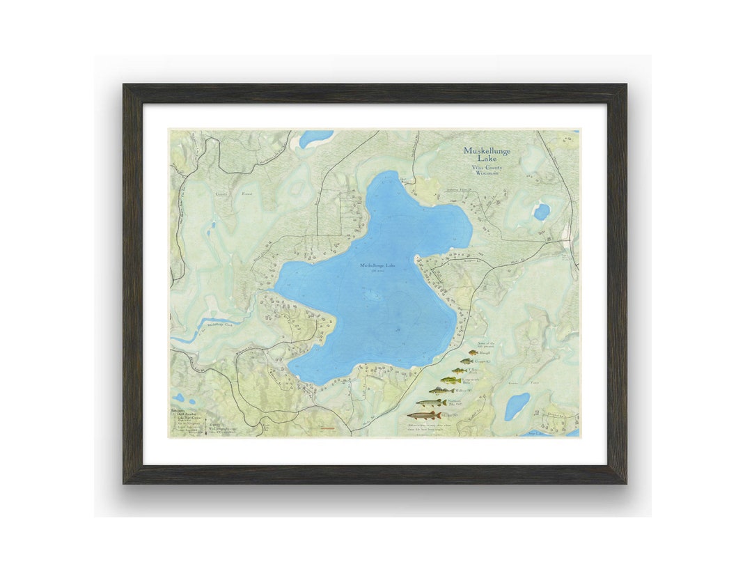 Muskellunge Lake | Vilas County | Wisconsin | Vintage Style Map | Lake ...