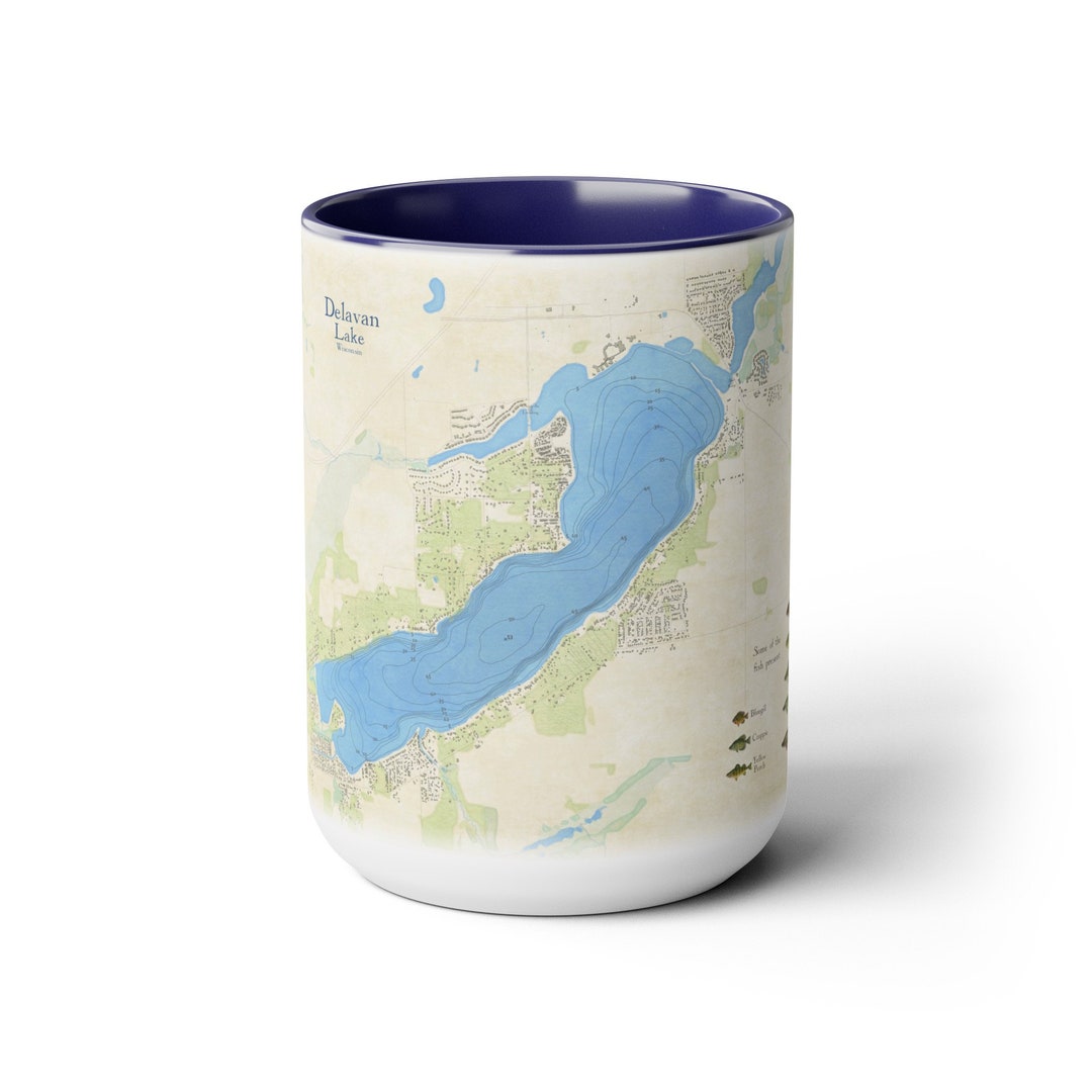 Delavan Lake Mug With Beautiful Map Showing Lake Depth Contours, Fish ...