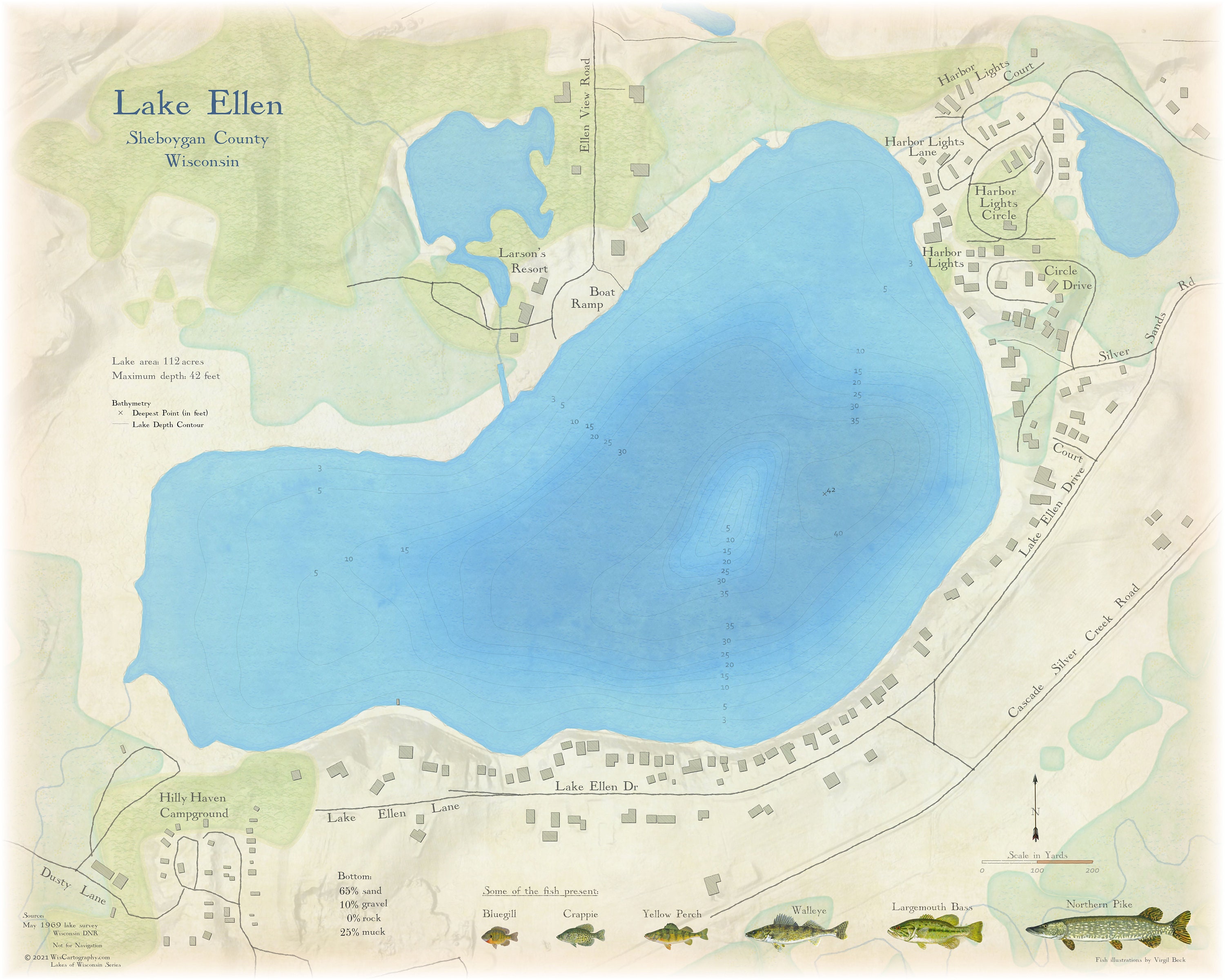 Lake Ellen Cascade Sheboygan County Wisconsin Vintage Style Map Lake ...