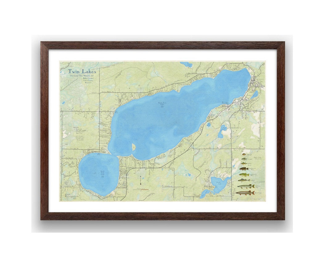 Twin Lakes WI Map Art Print: Vilas County, Watercolor Style - Etsy
