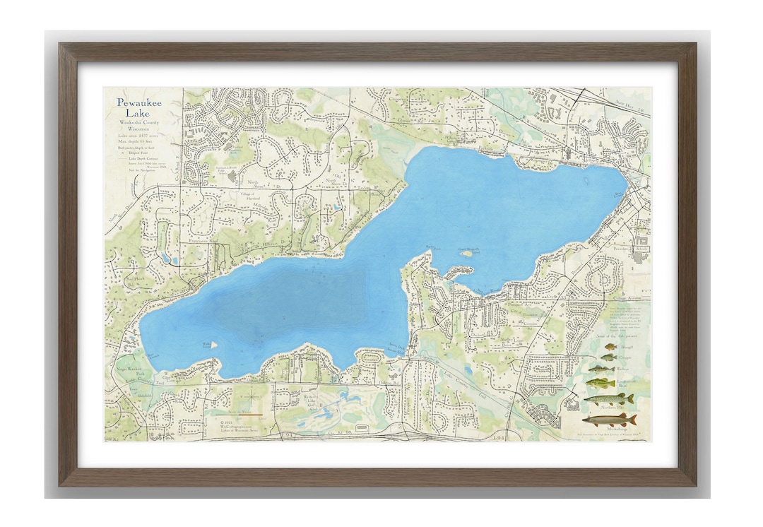 Pewaukee Lake Map. Beautiful Wall Art With Detailed Lake Depths and ...