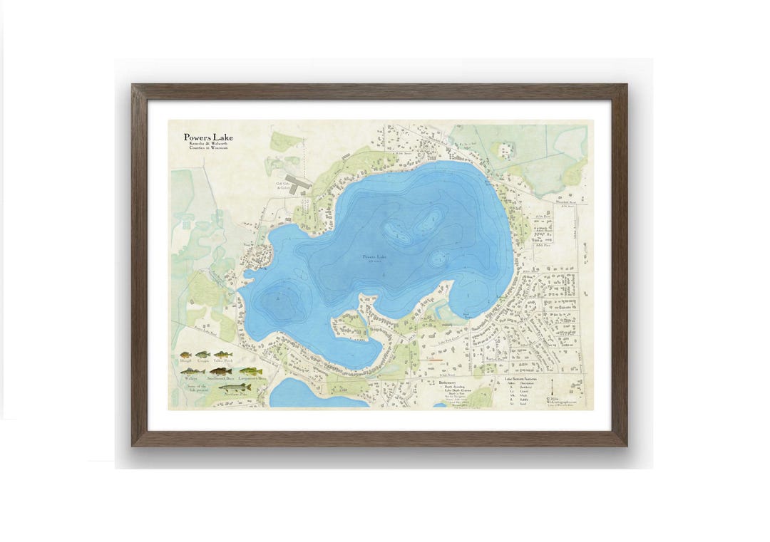 Powers Lake Wisconsin Map. Beautiful Wall Art Showing Detailed Depth ...
