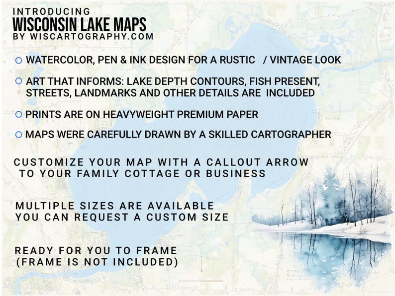 Silver Lake, WI Watercolor Map Art: Detailed Depth, Fish Present ...