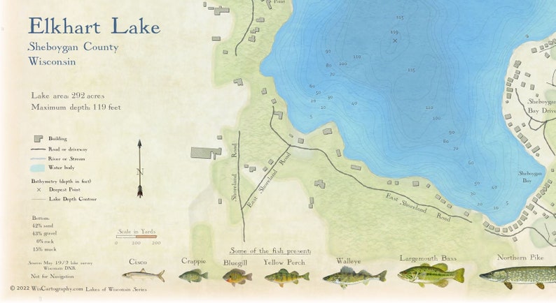 Elkhart Lake Map Art: Wisconsin Lake Depth Chart, Vintage Style - Etsy