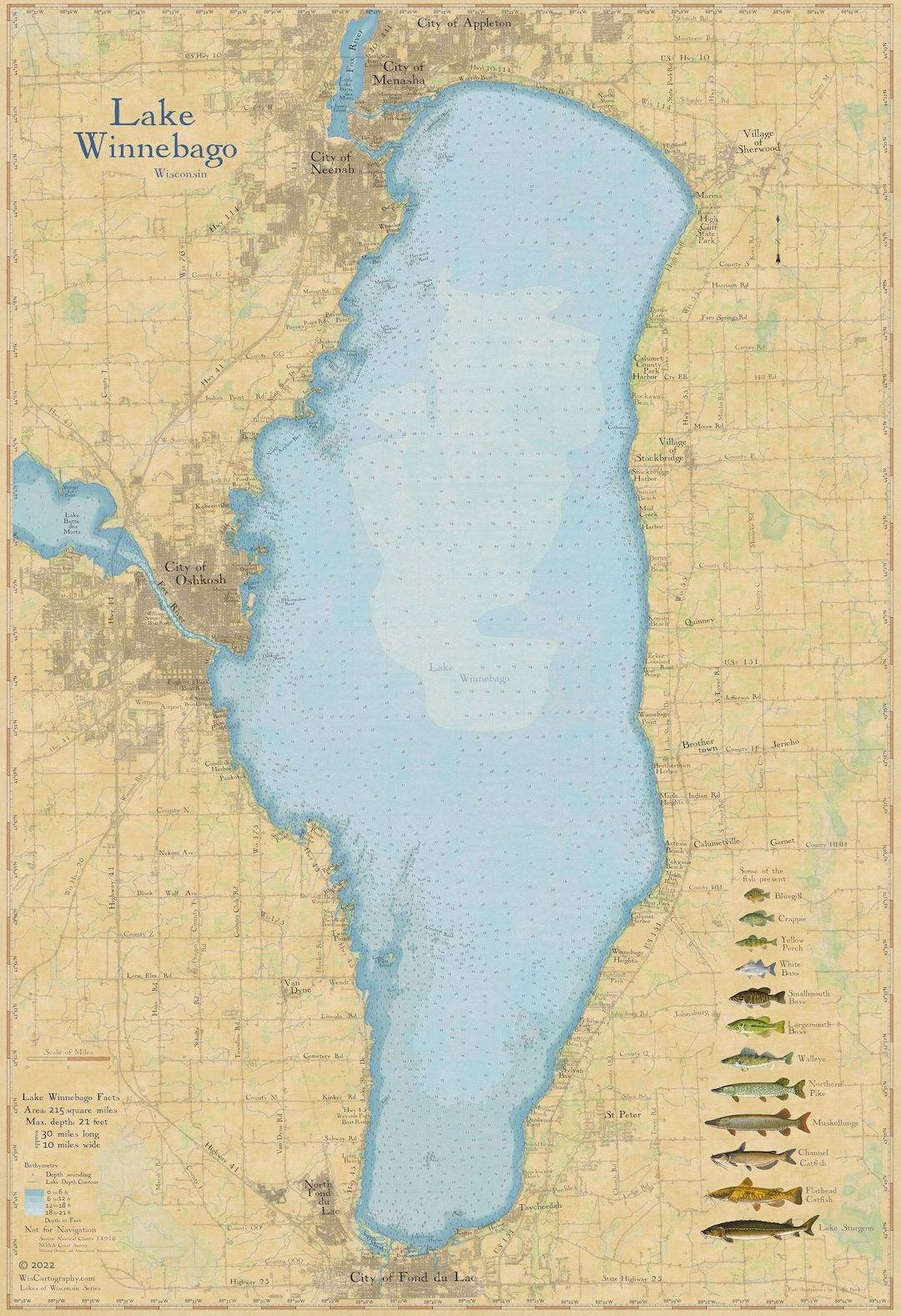 Lake Winnebago Printable Map PDF & JPG Showing Detailed - Etsy