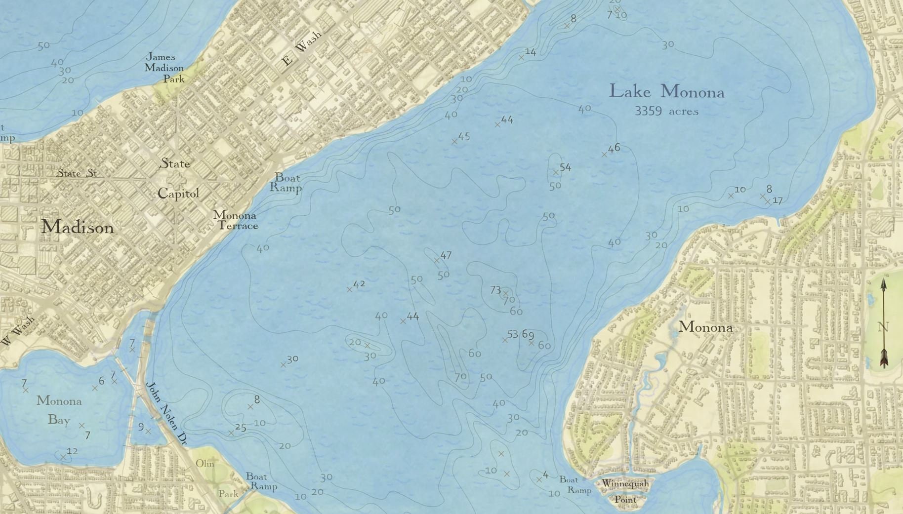 Lake Mendota, Monona, Wingra Map. Beautiful Wall Art With Detailed Lake ...