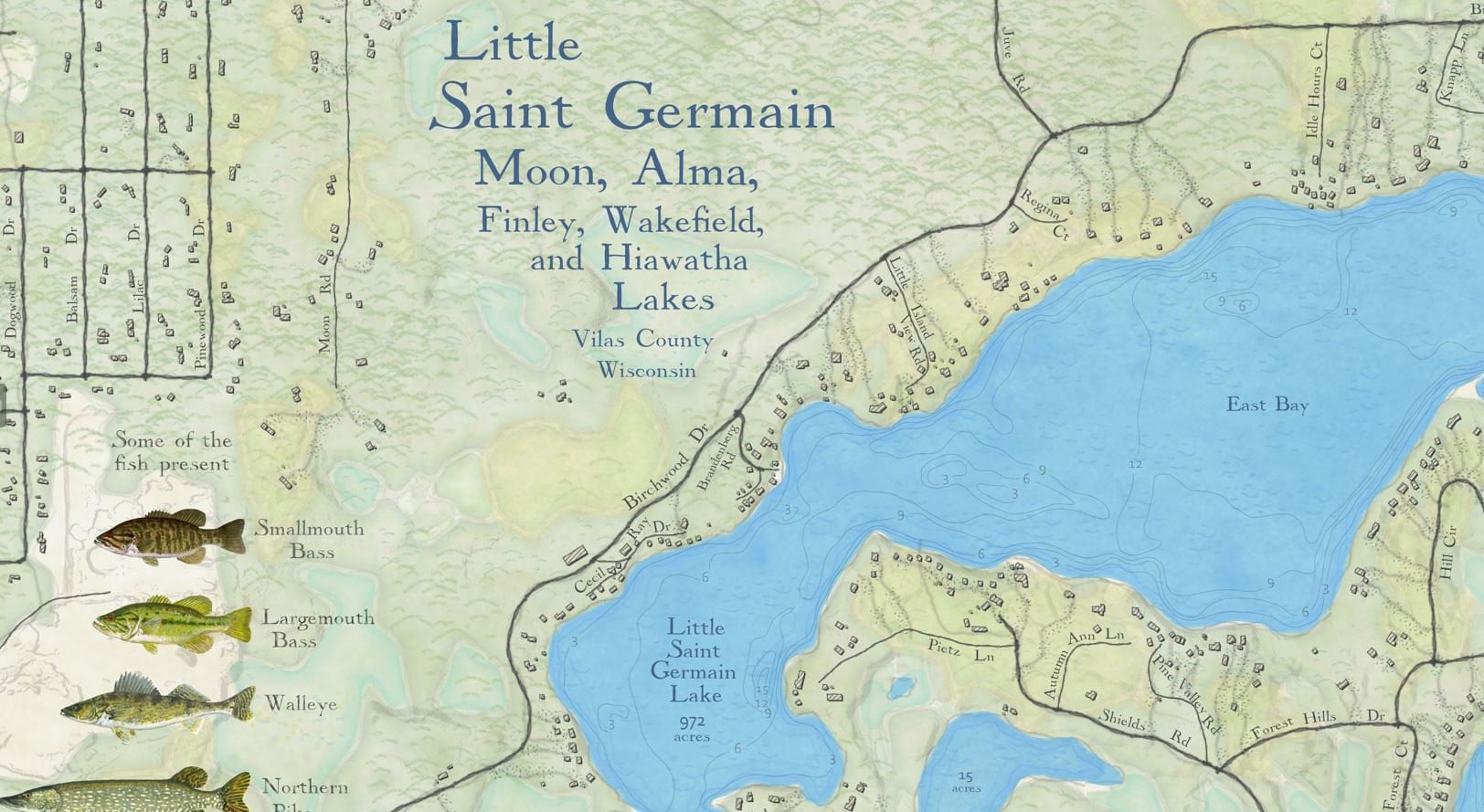 Little Saint Germain Wisconsin Map. Beautiful Wall Art With Detailed ...
