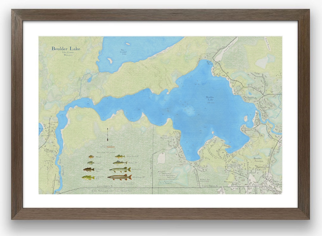 Boulder Lake WI Map. Beautiful, Detailed Wall Art With Depth, Fish ...