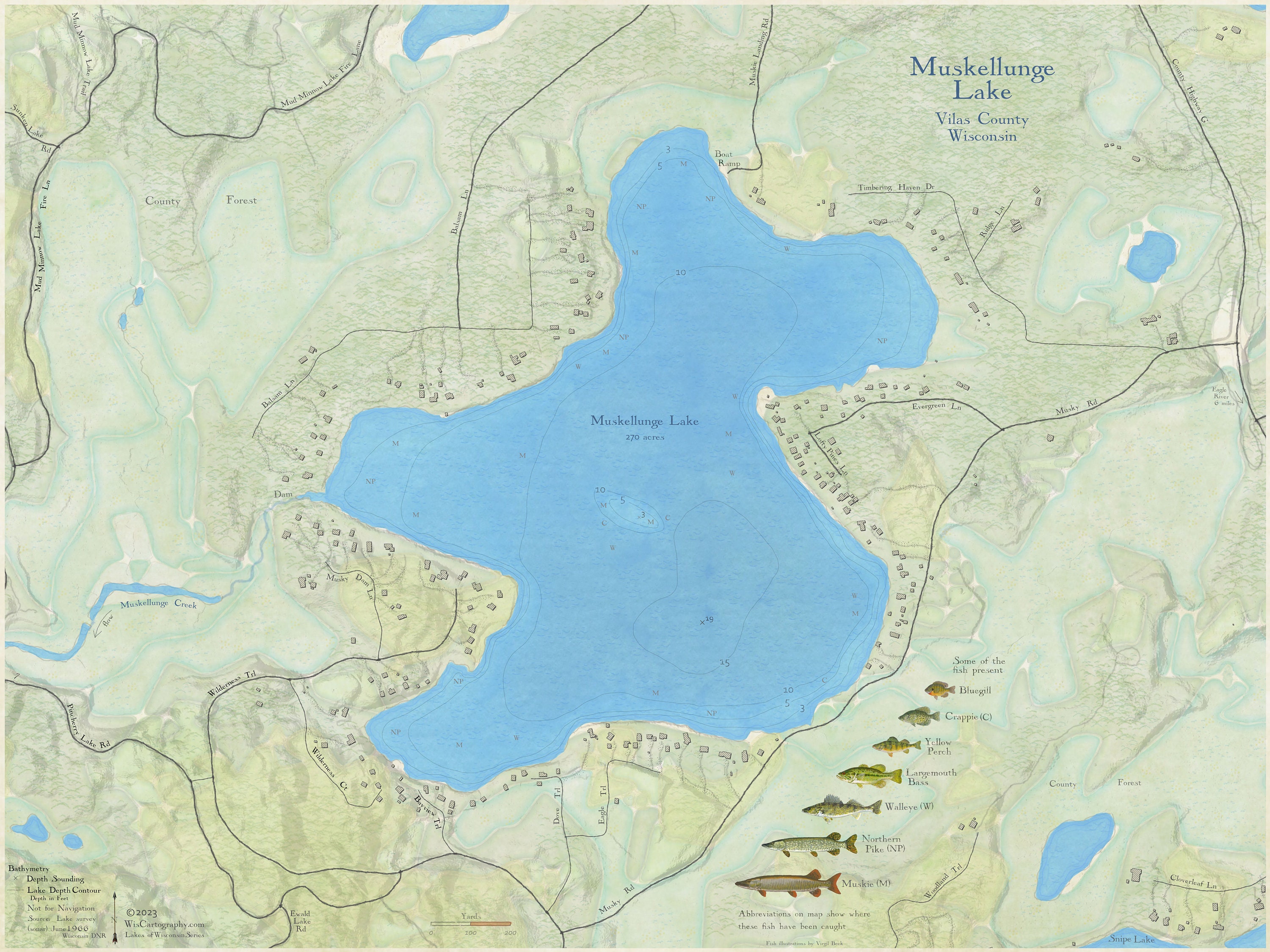 Muskellunge Lake Vilas County Wisconsin Vintage Style Map Lake Depth ...