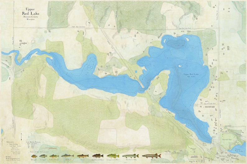 Upper Red Lake Map Art: Wisconsin Lake Depth Chart, Shawano County - Etsy