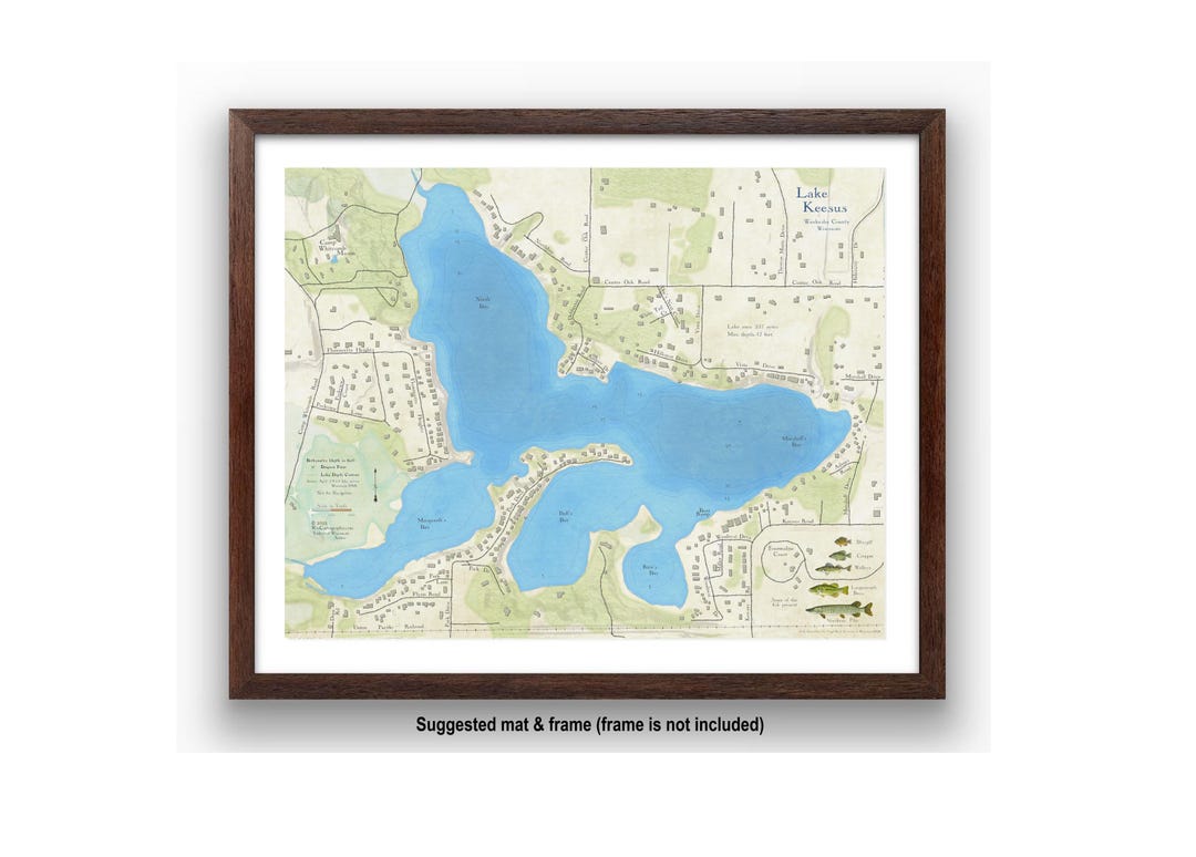 Lake Keesus Wisconsin Map Art: Vintage Style Watercolor Print - Etsy