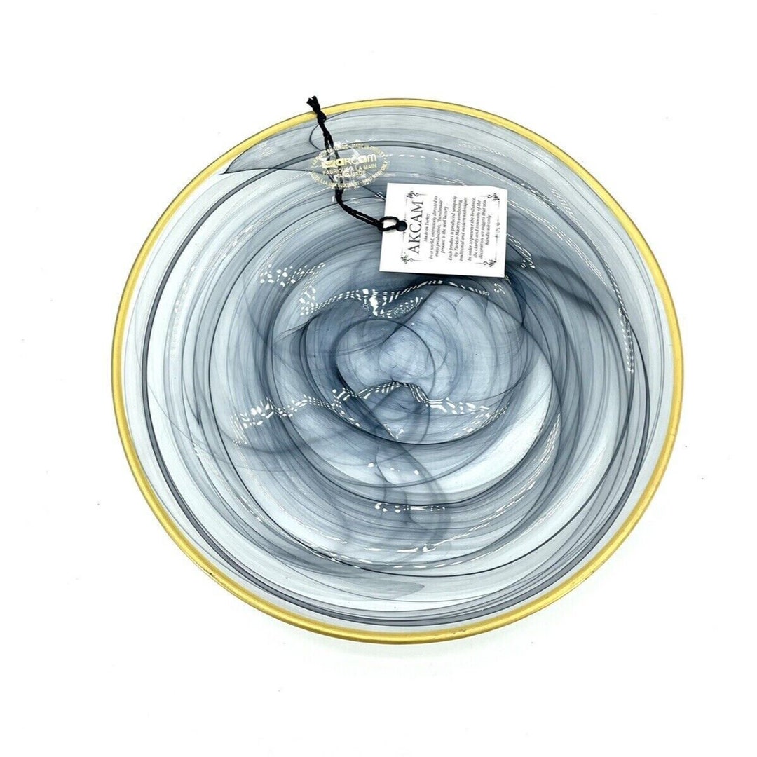 AKCAM Turkish Glass 4 Plates Set Salad Dessert Black Swirl Gold Rim 8. ...