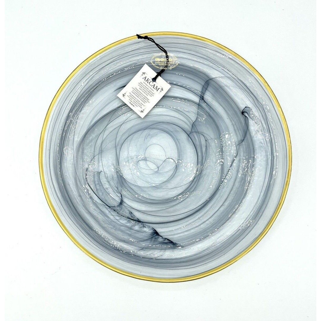 AKCAM Turkish Glass 4 Plates Set Entrée Dinner Black Swirl Gold Rim 11 ...