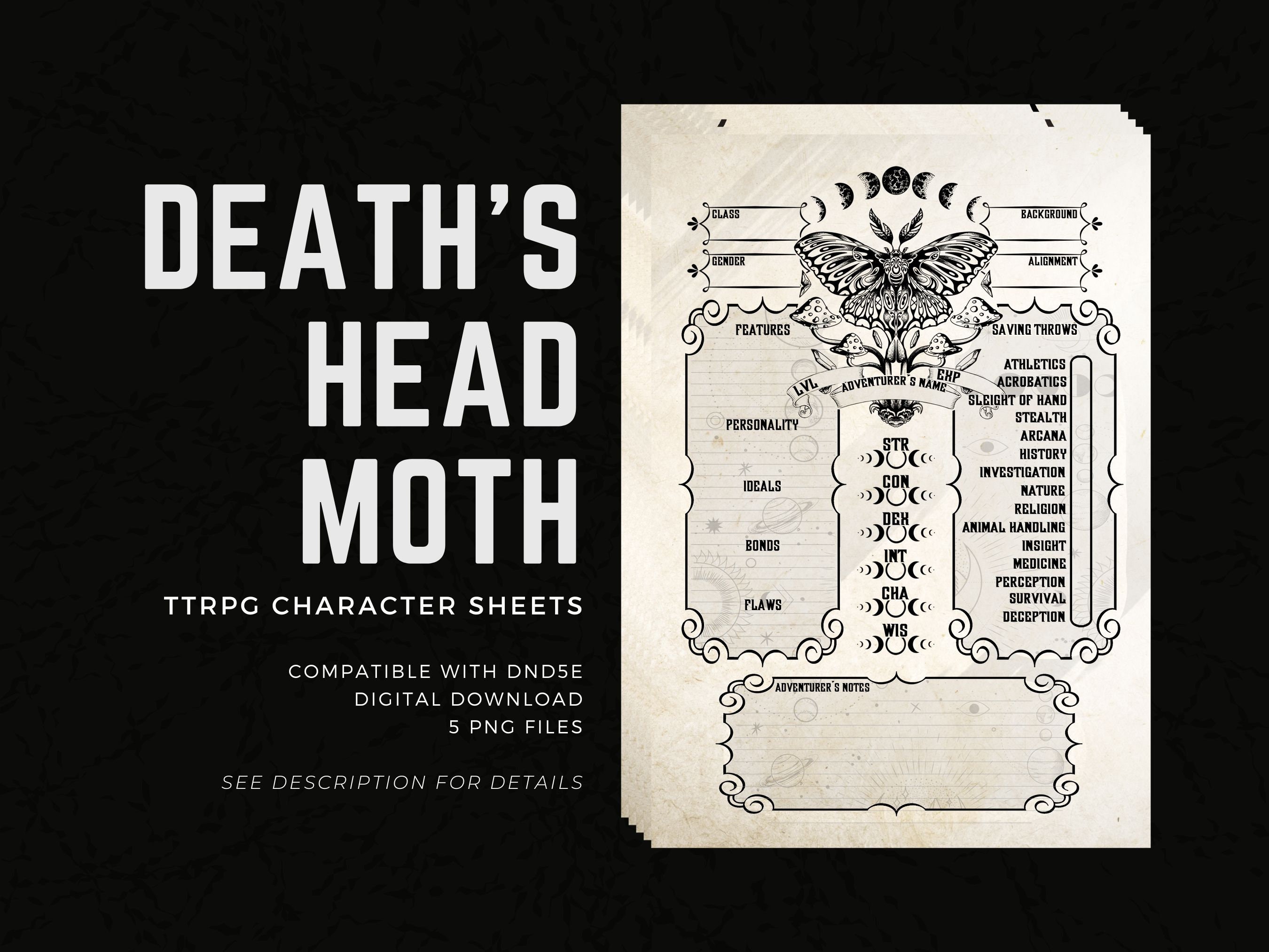 Dnd Character Sheet Pack Death's Head Moth Themed Dnd5e Insert ...