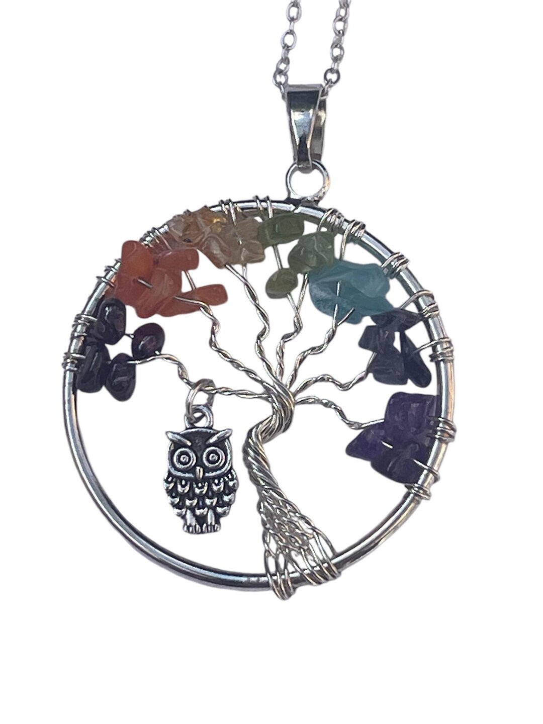 Gift Idea Handmade Owl Pendant 7 Chakras Tree of Life Silver Necklace ...