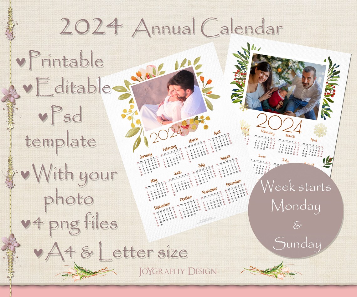 Watercolor Yearly Calendar 2024 Template Personalized Printable ...