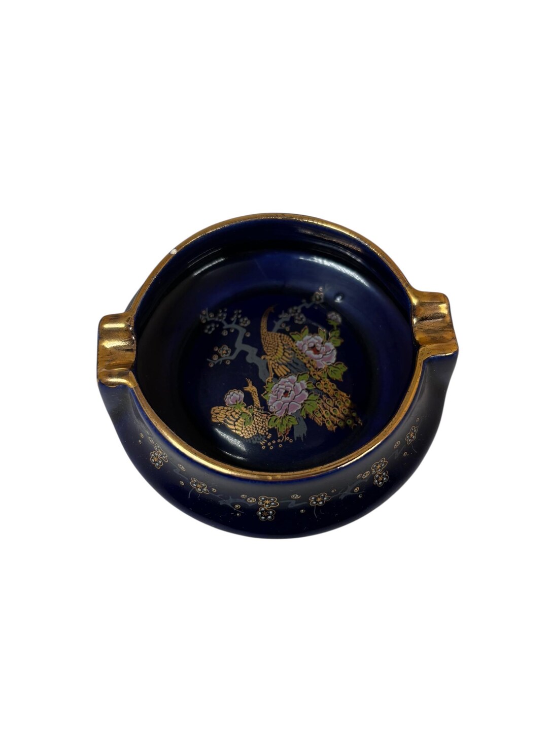 Vintage Desen Seramik Cobalt Blue Ashtray Gold Peacock Floral Design ...