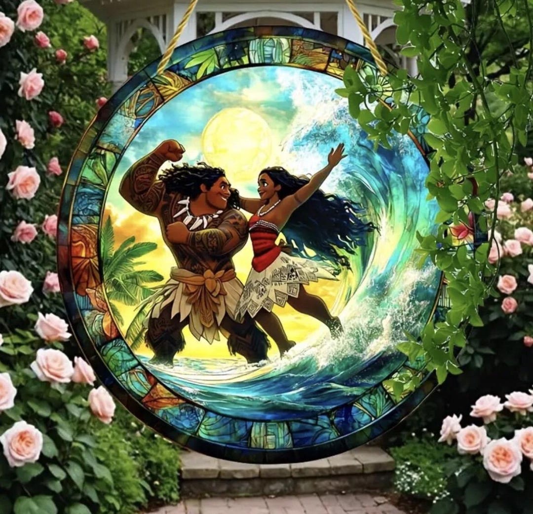Moana and Maui Surfing on Water Cartoon Characters Suncatcher Sun ...