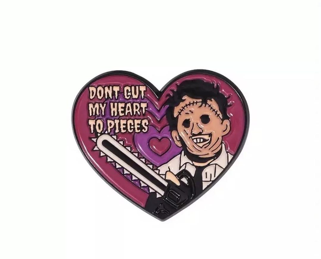 Leatherface Heart Enamel Pin Badge Valentines Gift Don’t Cut My Heart ...