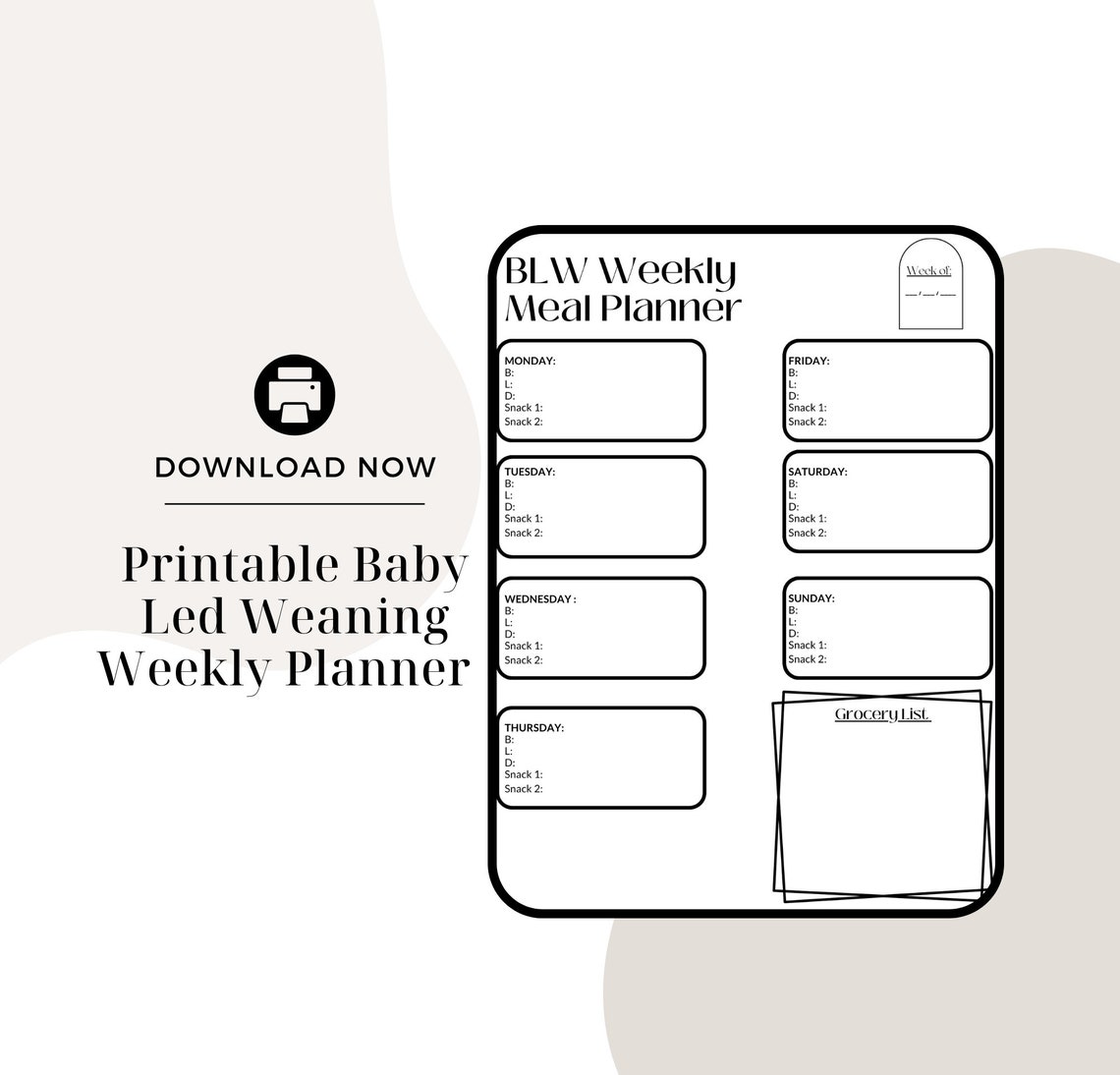 BLW Planner With Grocery, Printable Menu, BLW Weekly Planner, Minimal ...
