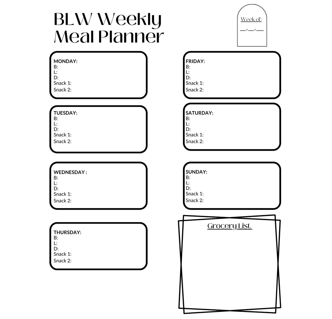 BLW Planner With Grocery, Printable Menu, BLW Weekly Planner, Minimal ...