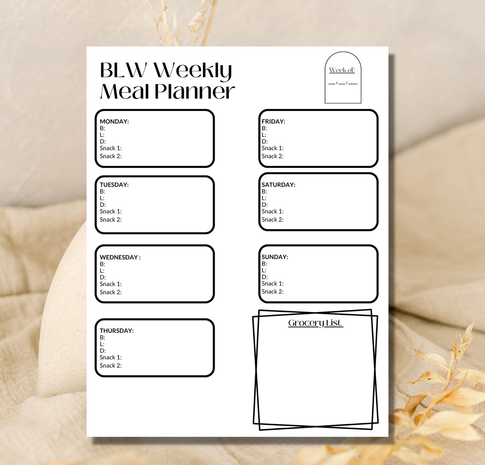 BLW Planner With Grocery, Printable Menu, BLW Weekly Planner, Minimal ...