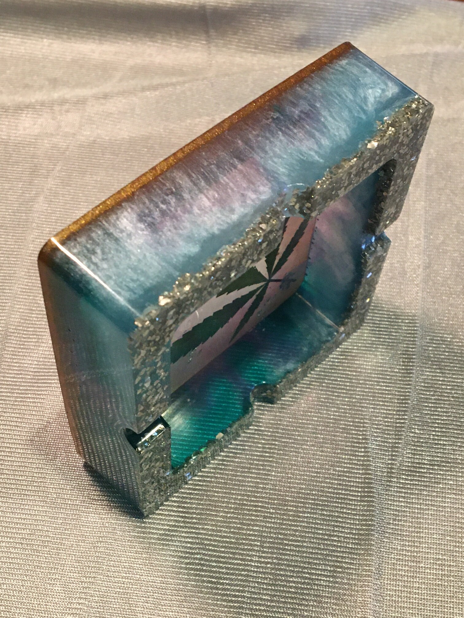 Weed Leaf Ashtray With Pressed Cannabis Leaf in Blue Teal Purple With Silver Glitter and Bronze ...