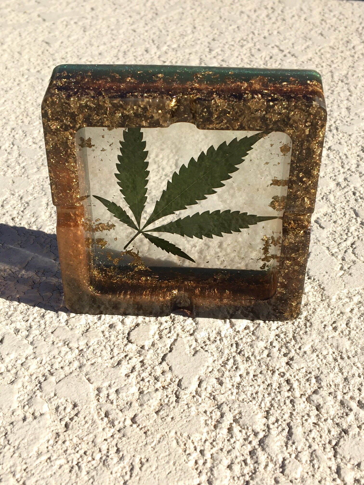 Weed Leaf Ashtray With Pressed Cannabis Leaf With Green Bronze & Gold Swirls and Gold Foil ...