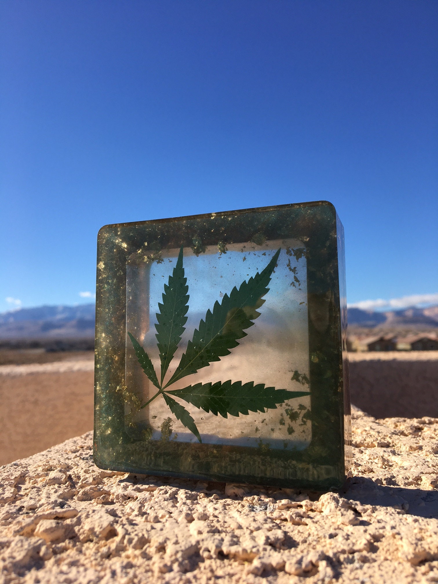 Weed Leaf Ashtray With Pressed Cannabis Leaf With Green Bronze & Gold Swirls and Gold Foil ...