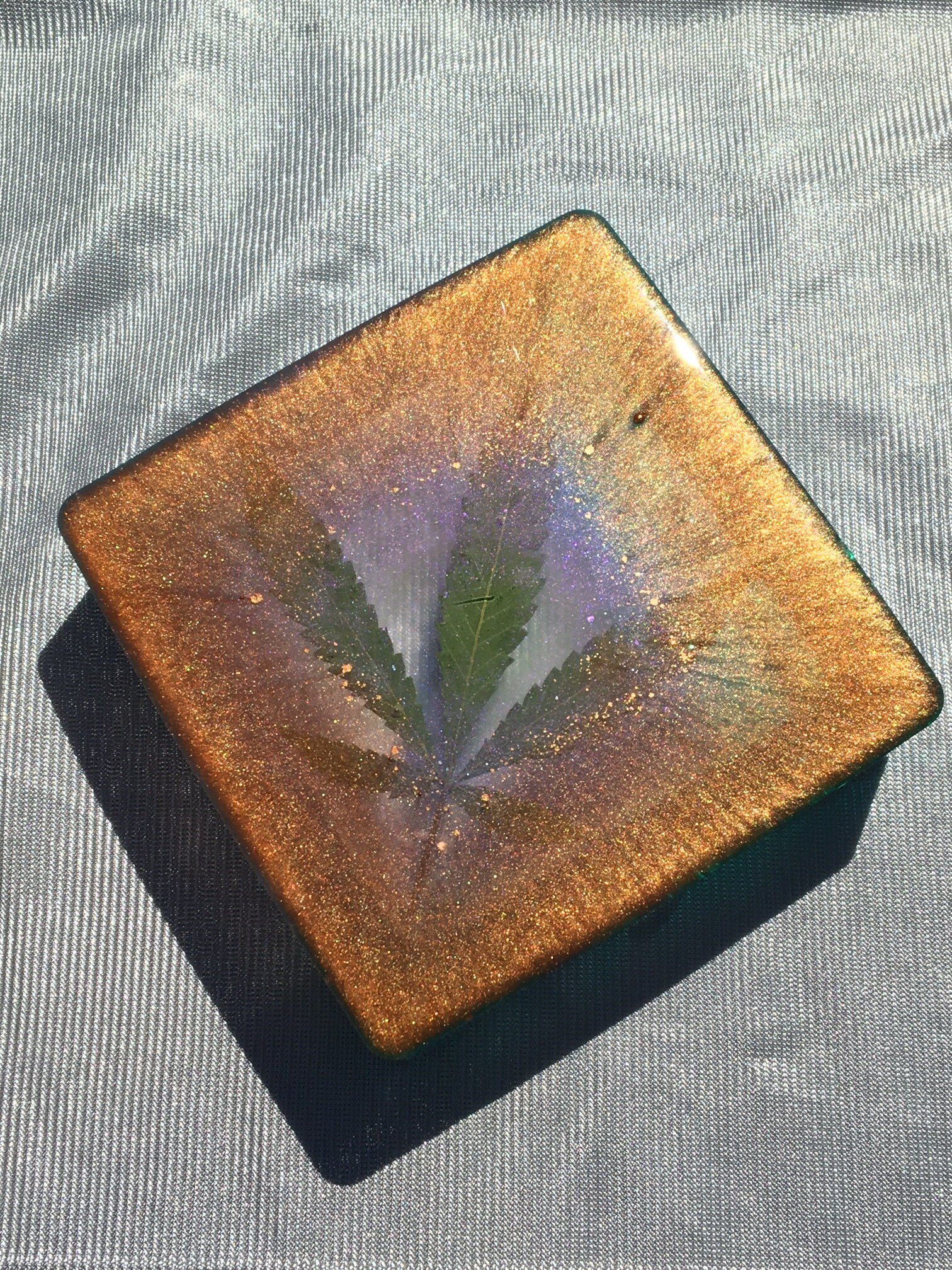 Weed Leaf Ashtray With Pressed Cannabis Leaf in Blue Teal Purple With Silver Glitter and Bronze ...