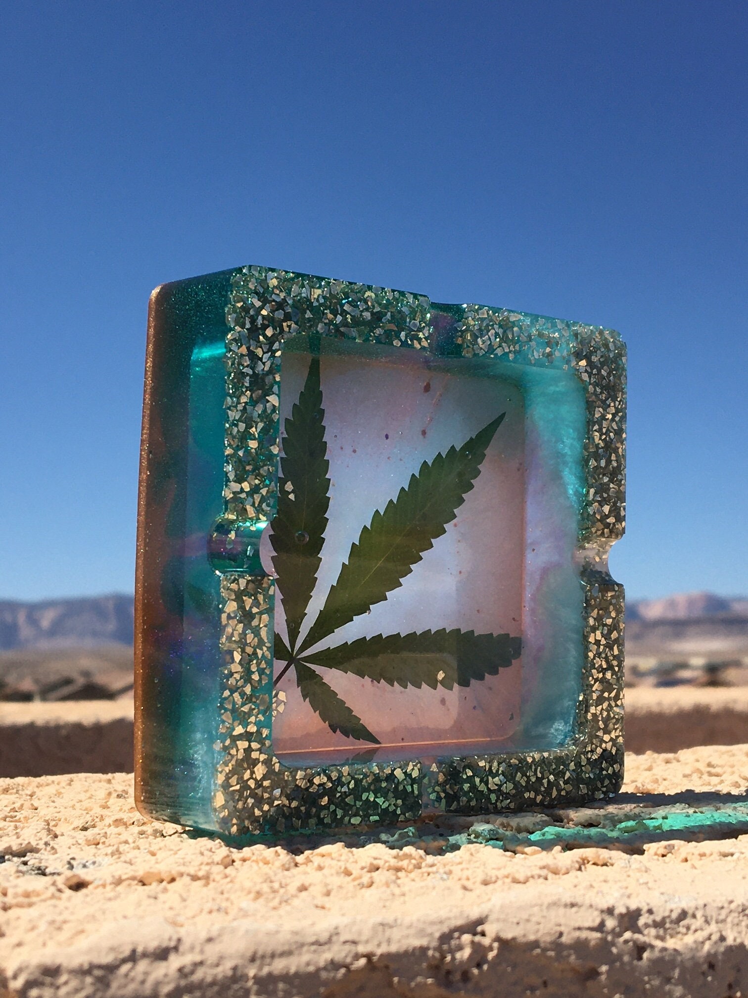 Weed Leaf Ashtray With Pressed Cannabis Leaf in Blue Teal Purple With Silver Glitter and Bronze ...