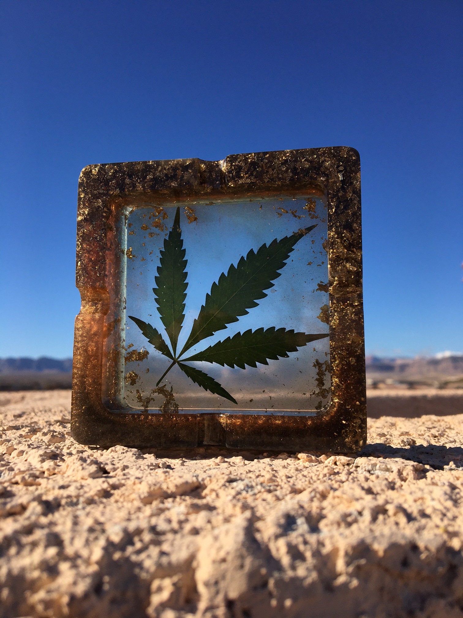 Weed Leaf Ashtray With Pressed Cannabis Leaf With Green Bronze & Gold Swirls and Gold Foil ...
