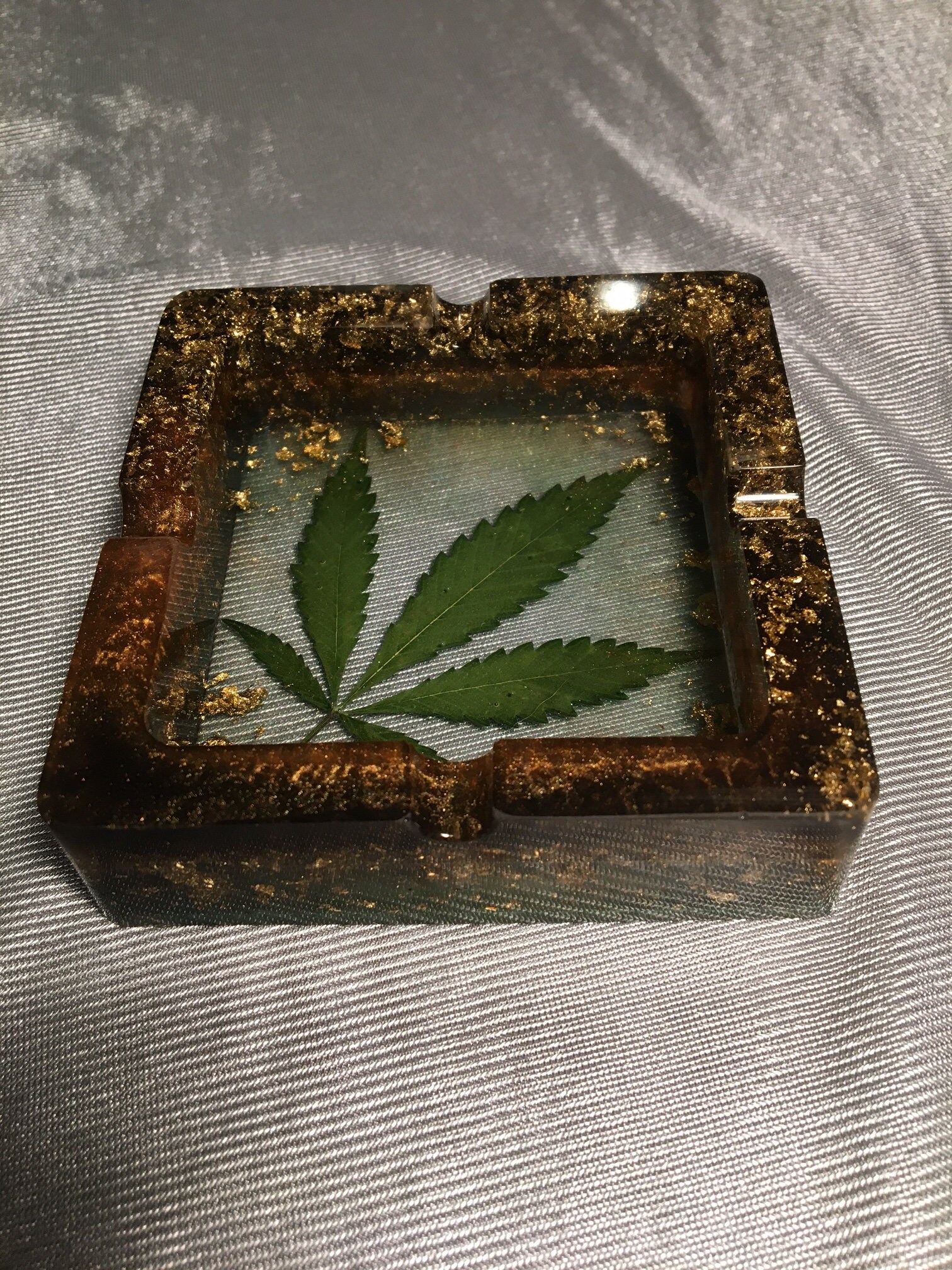Weed Leaf Ashtray With Pressed Cannabis Leaf With Green Bronze & Gold Swirls and Gold Foil ...