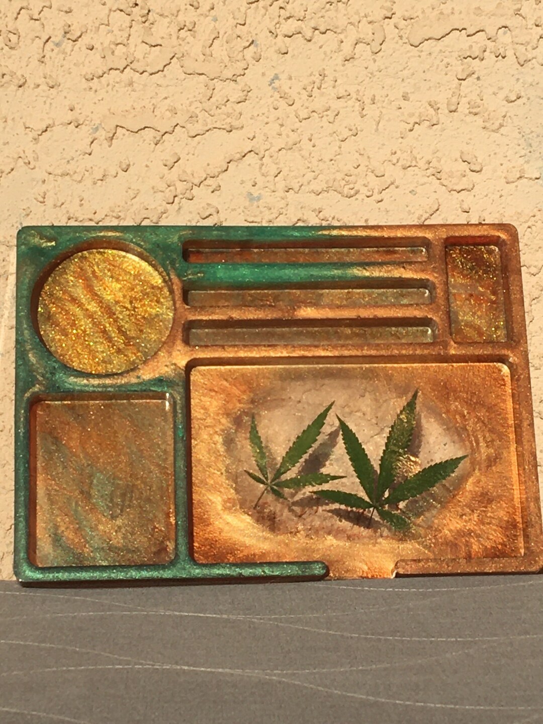 Rolling Tray With Pressed Weed Leaves and Copper Gold With Moss Green ...