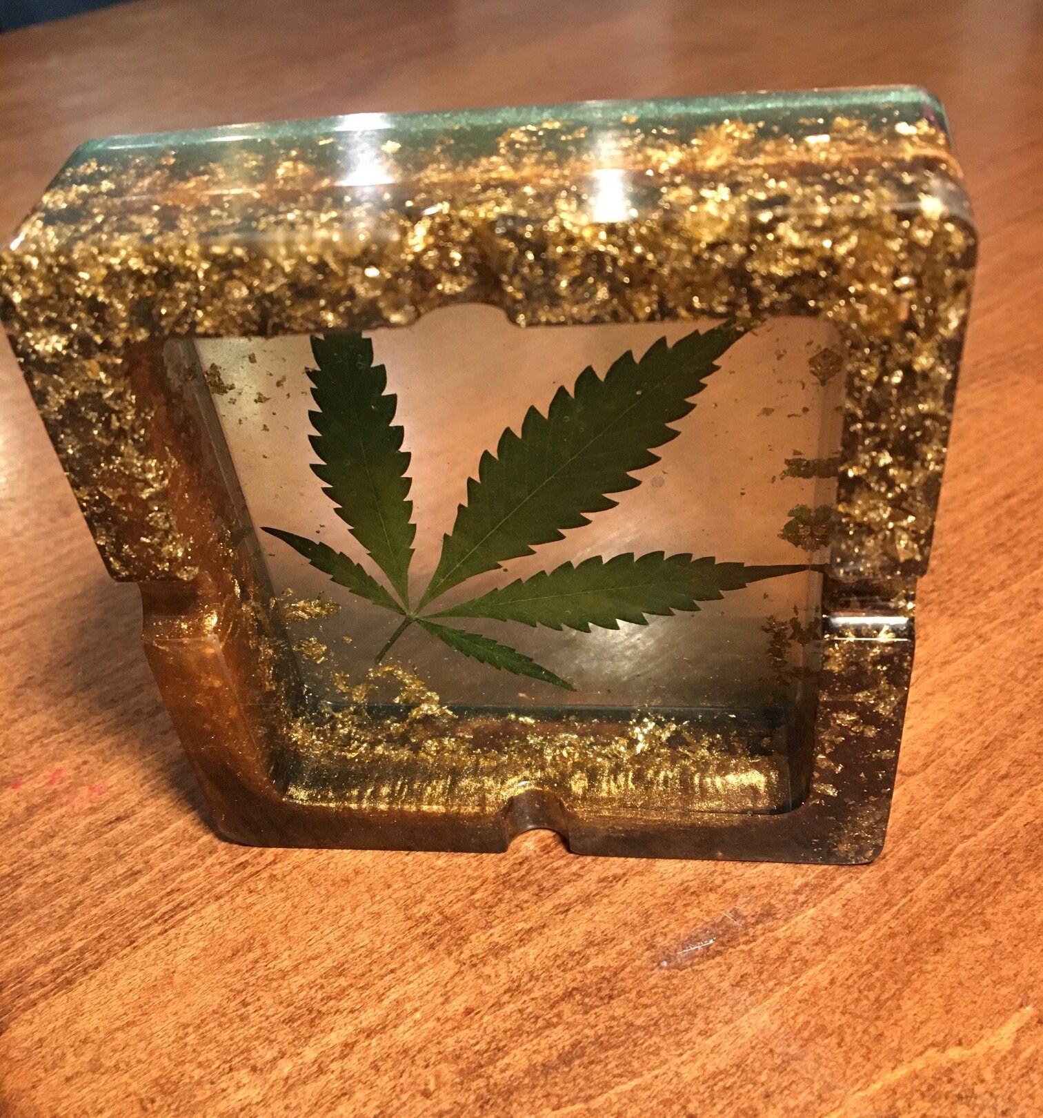 Weed Leaf Ashtray With Pressed Cannabis Leaf With Green Bronze & Gold Swirls and Gold Foil ...