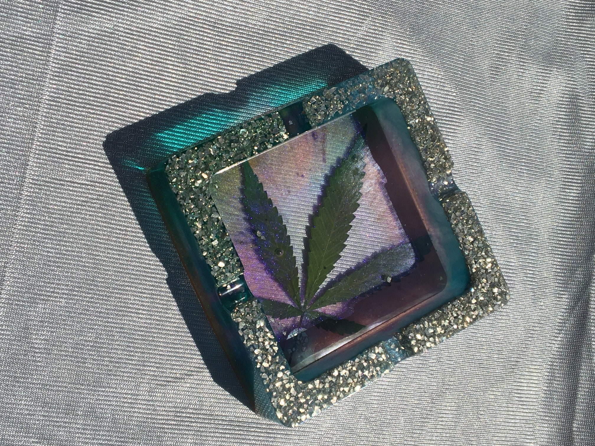 Weed Leaf Ashtray With Pressed Cannabis Leaf in Blue Teal Purple With Silver Glitter and Bronze ...
