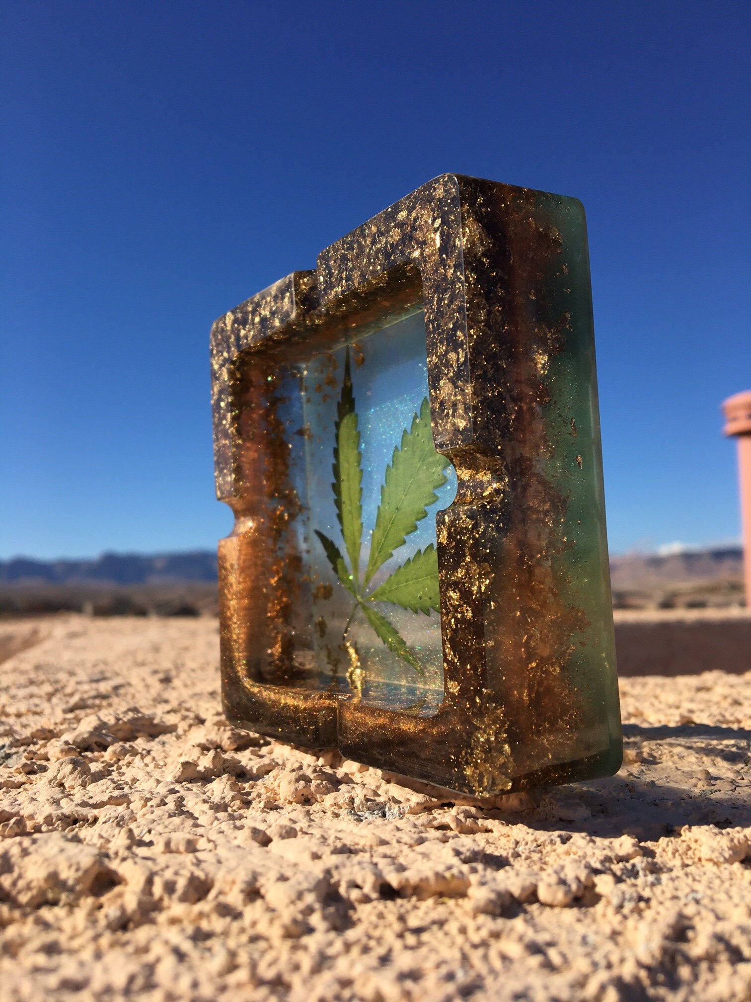 Weed Leaf Ashtray With Pressed Cannabis Leaf With Green Bronze & Gold Swirls and Gold Foil ...