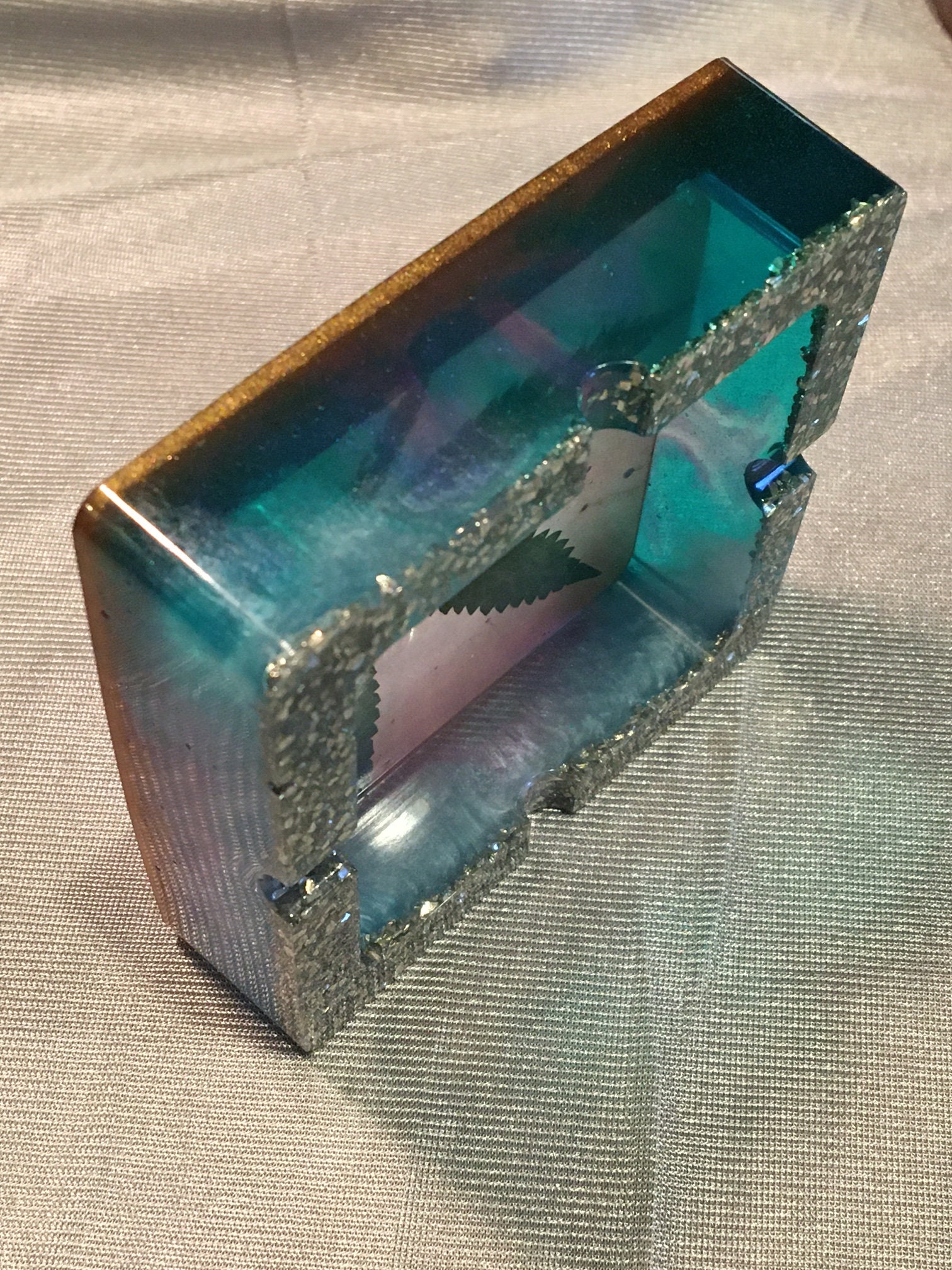 Weed Leaf Ashtray With Pressed Cannabis Leaf in Blue Teal Purple With Silver Glitter and Bronze ...