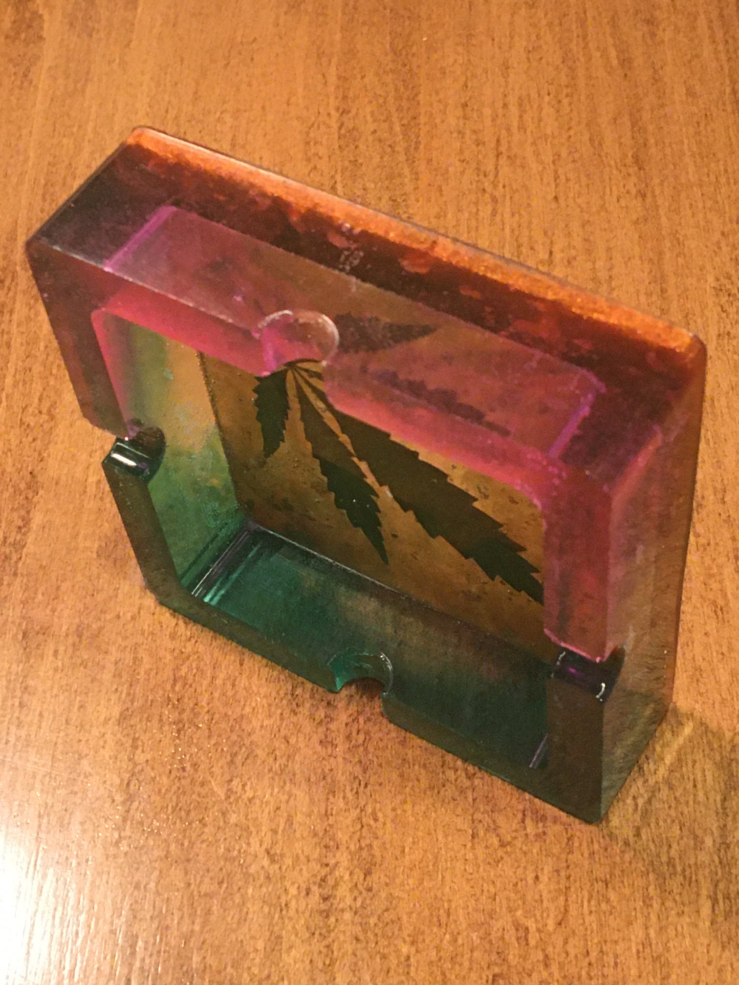 Weed Leaf Ashtray With Pressed Cannabis Leaf With Bronze, Green and Pink Accents Real Hemp ...