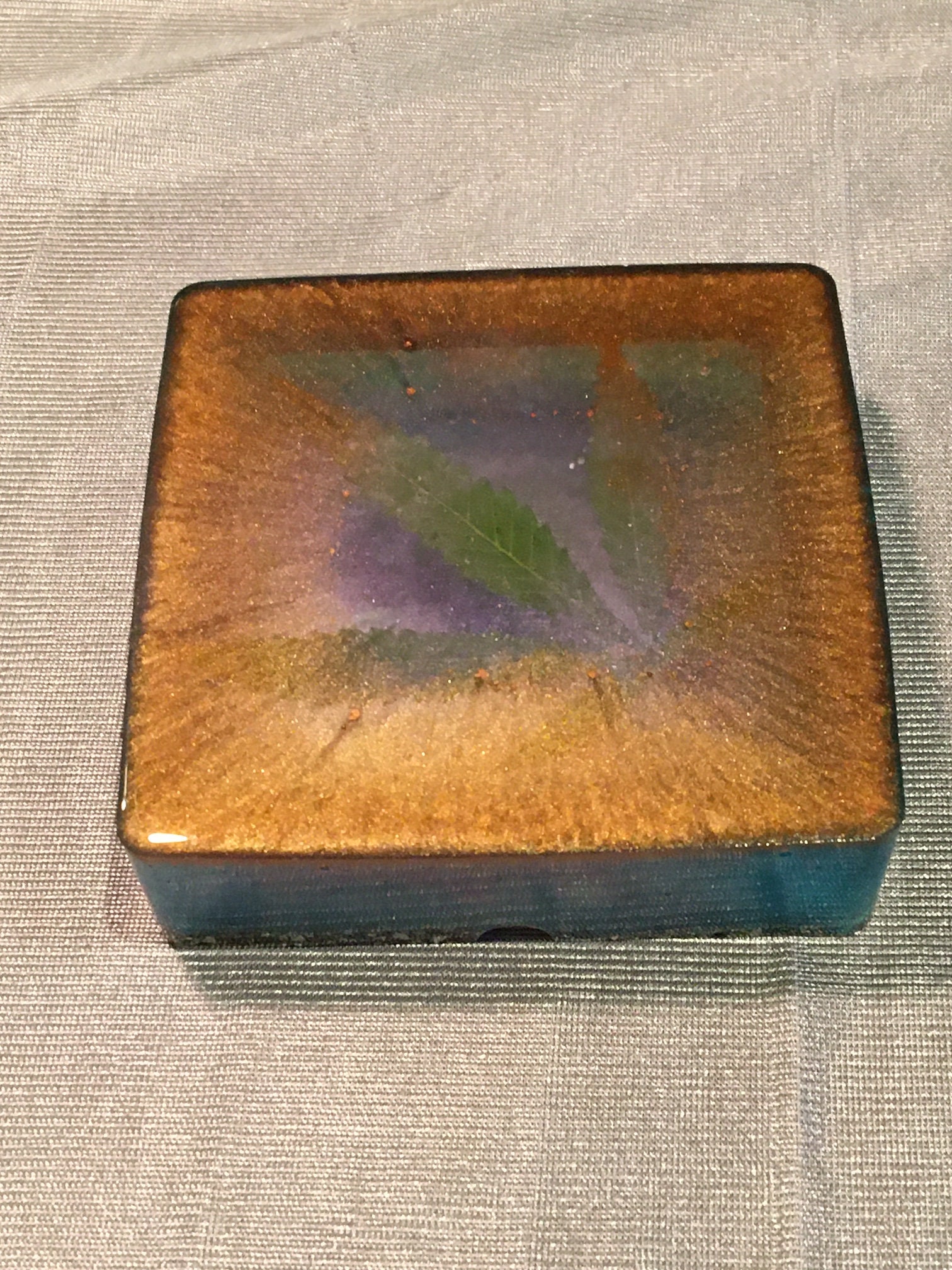 Weed Leaf Ashtray With Pressed Cannabis Leaf in Blue Teal Purple With Silver Glitter and Bronze ...