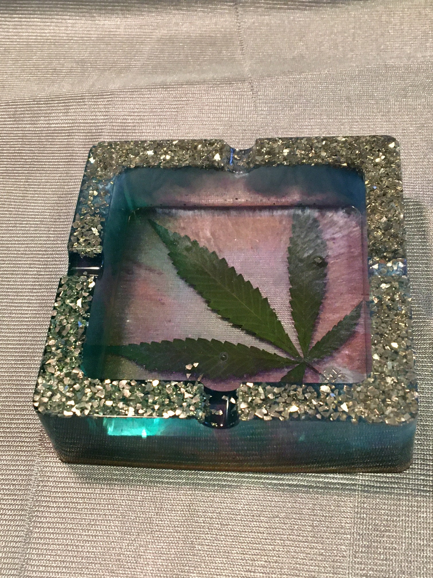 Weed Leaf Ashtray With Pressed Cannabis Leaf in Blue Teal Purple With Silver Glitter and Bronze ...