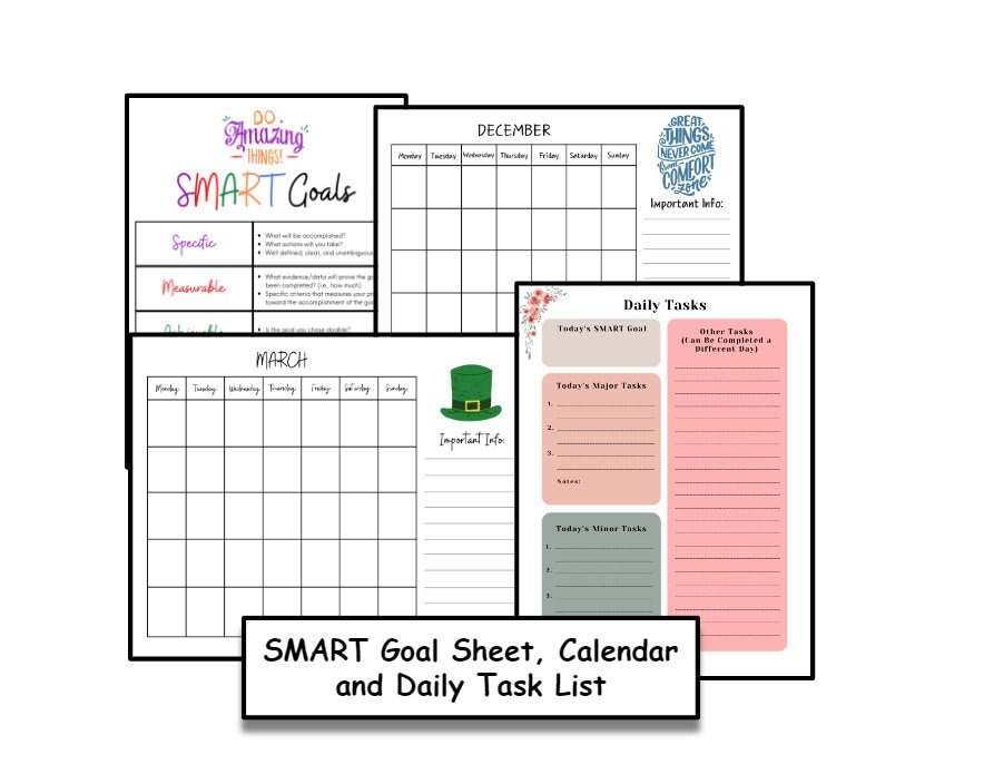 Printable Calendar, SMART Goals Document and Task List | Set Goals and ...