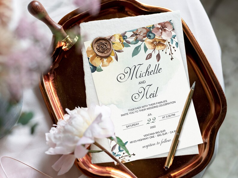 EDITABLE Kacee Wedding Invitation Template, Feminine, Floral, Blue, Yellow, Template Set ...